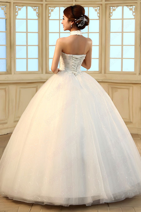 Elegant Princess Beading Turtleneck Off The Shoulder Sleeveless White Lace Ball Gown Floor
