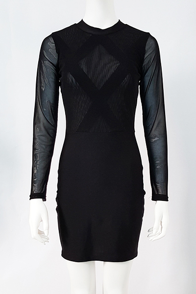 Sexy Round Neck Long Sleeves Mesh Patchwork Black Polyester Sheath Mini